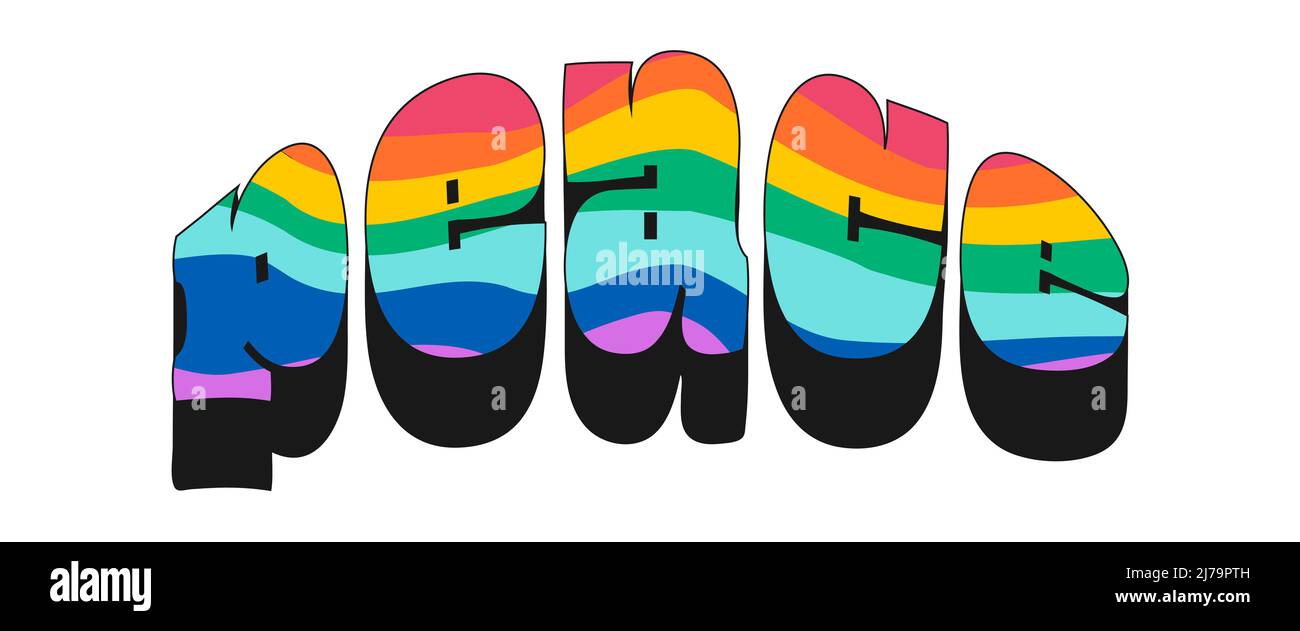 Typographic phrase PEACE. 3D lettering with rainbow wavy pattern, 80s ...