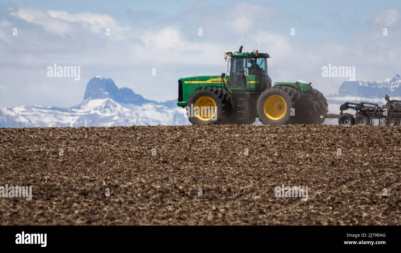 David Reid drives a seeding rig, with the Rocky Mountains as a backdrop ...