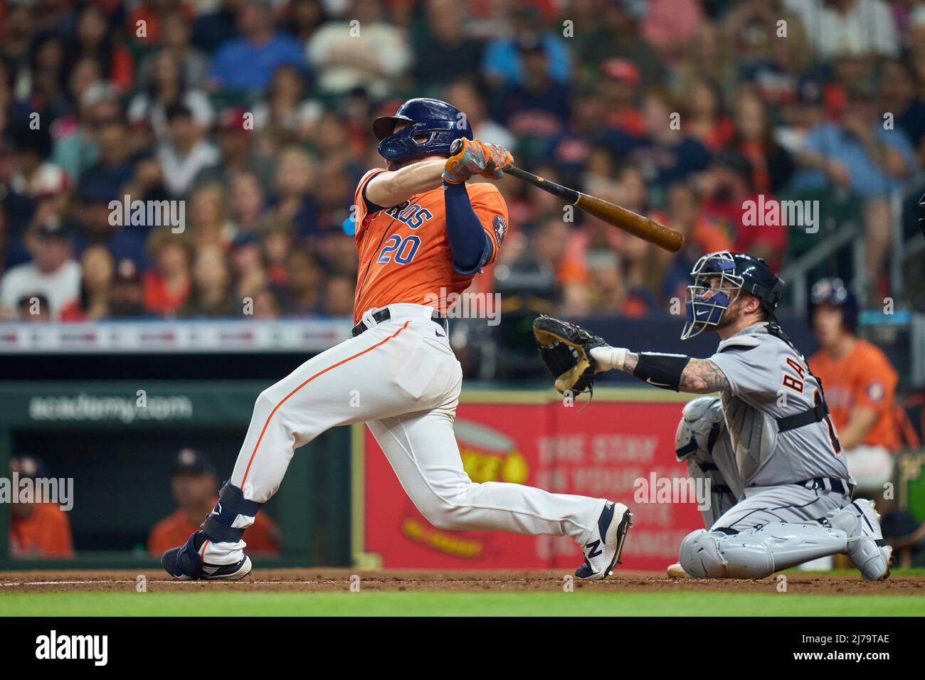 May 6 2022: Houston center fielder Chas McCormick (20) hits a homer during the game with Detroit ...