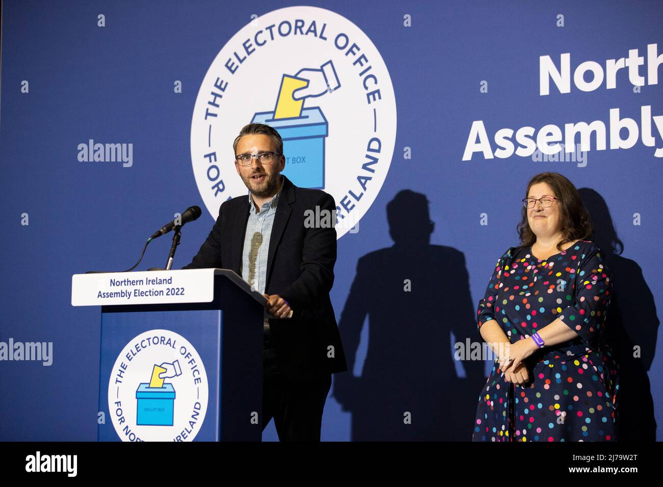 Alliance Party of NI’s Nick Mathison giving his acceptance speech at the Titanic Exhibition ...