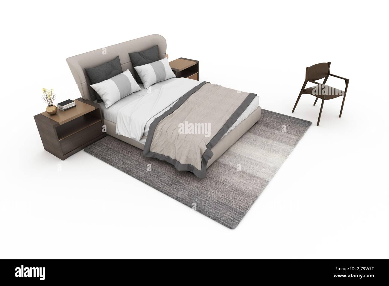 Bed, cabinet, chair isolated on white background. 3D rendering Stock ...