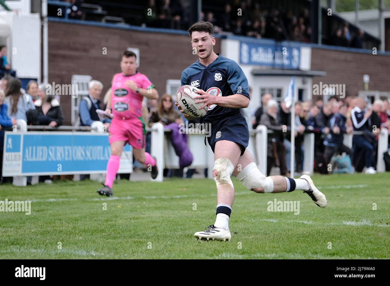 Selkirk, Saturday 07 May 2022 Ryan Cottrell (Selkirk RFC) runs in for a ...