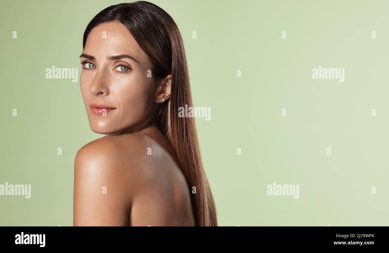 Beautiful Female Model 40s Years Old Has Perfect Shiny Glowing Body