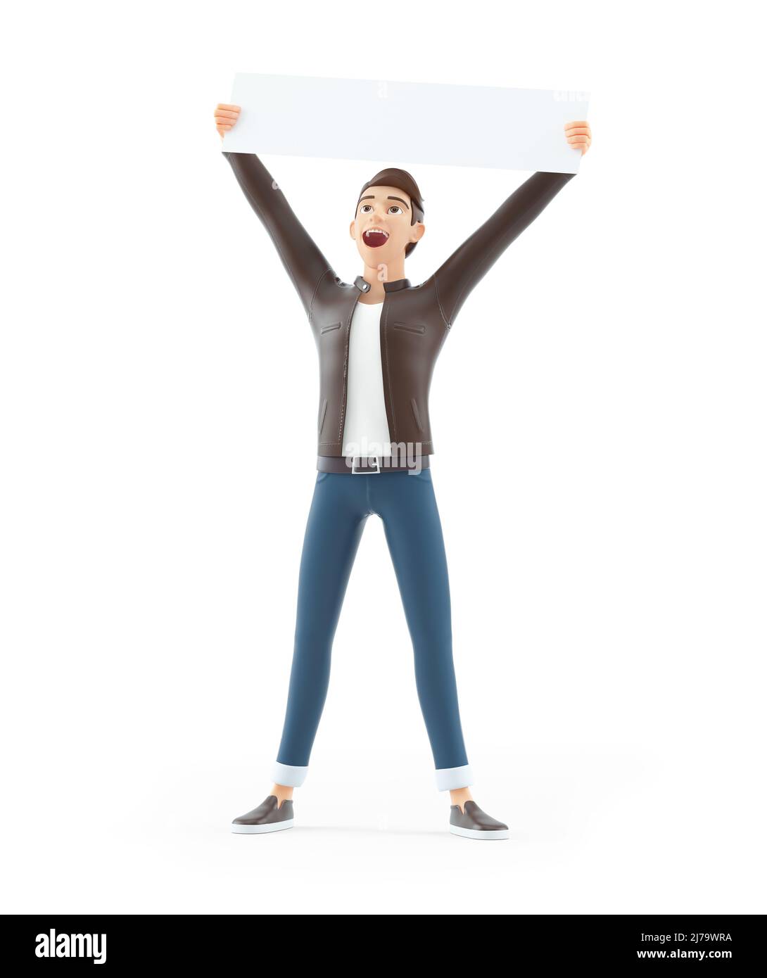 3d happy cartoon man raising up placard, illustration isolated on white ...