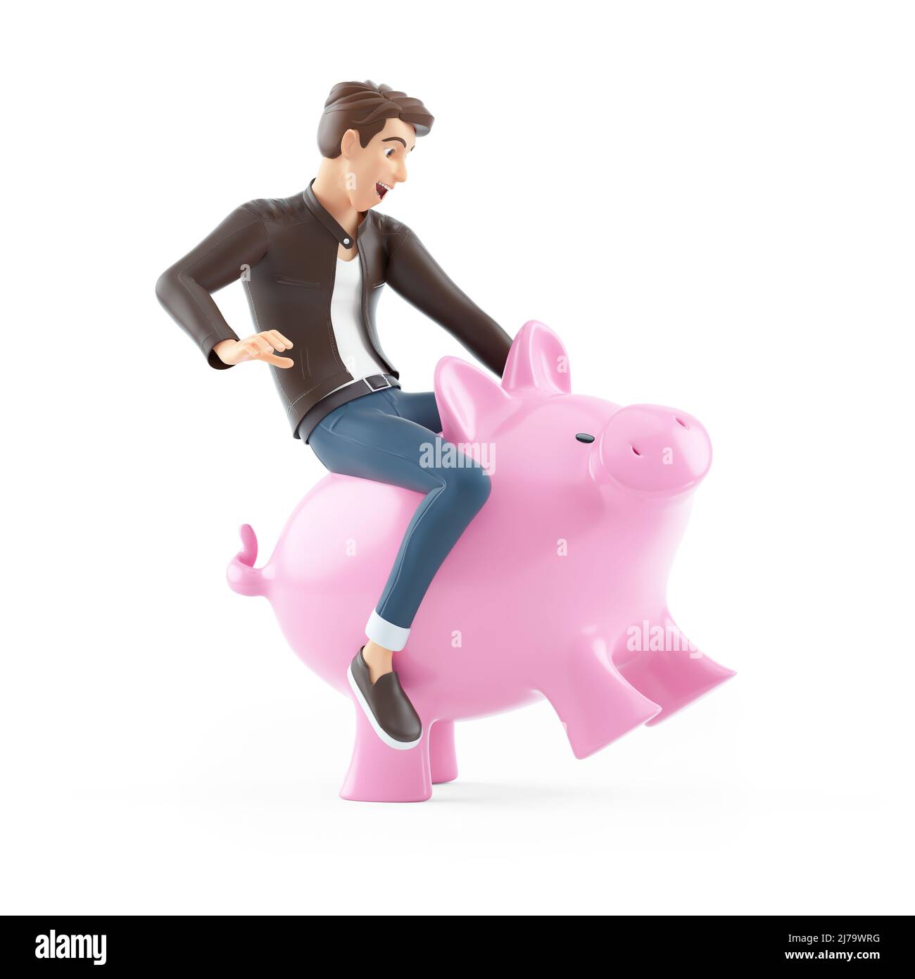 3d cartoon man riding piggy bank, illustration isolated on white ...