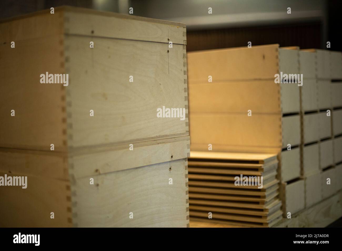 Boxes made of wood. Drawers in carpentry workshop. Woodwork. Blank from ...