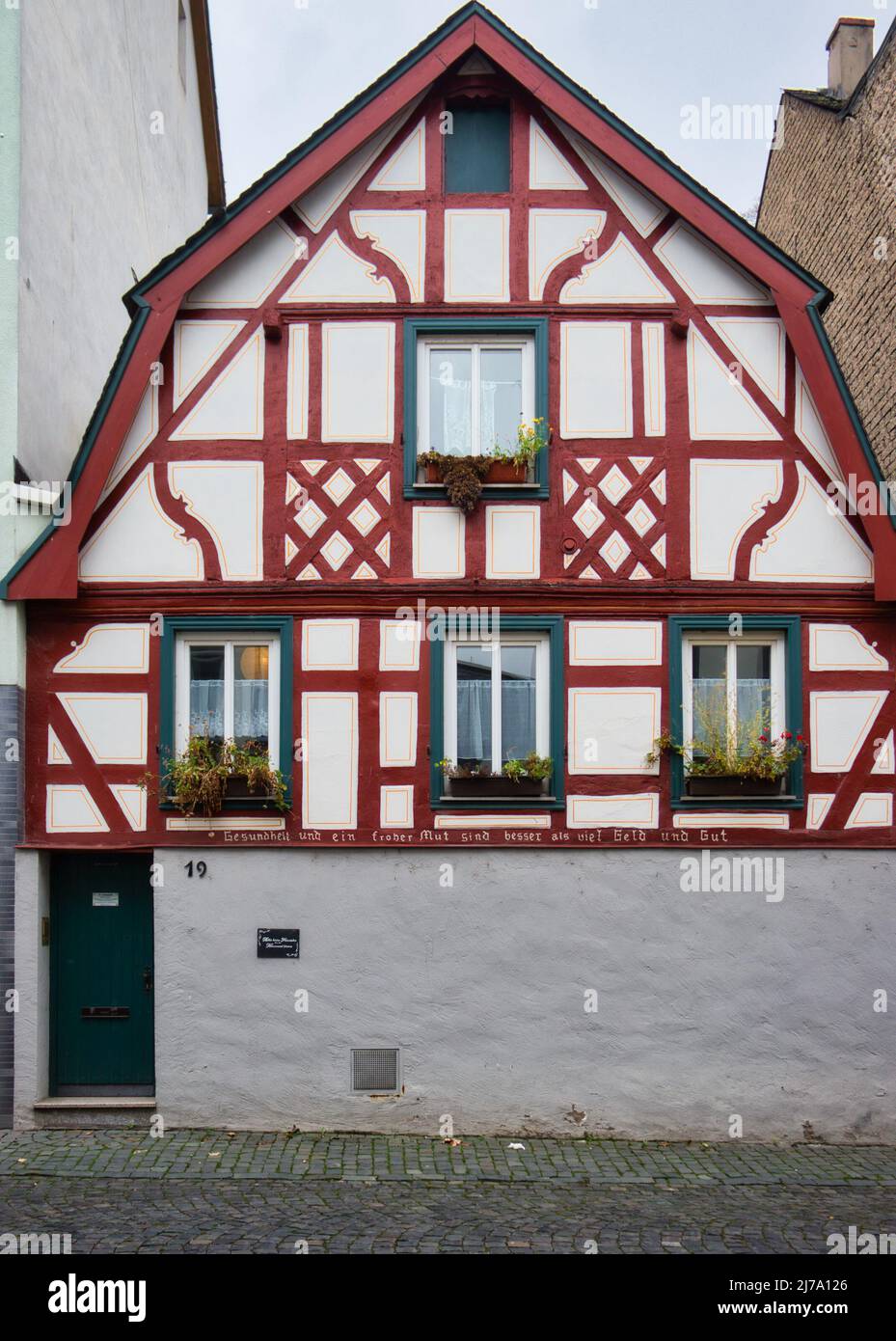 Small half-timbered cottage with window boxes in Bacharach, Germany ...