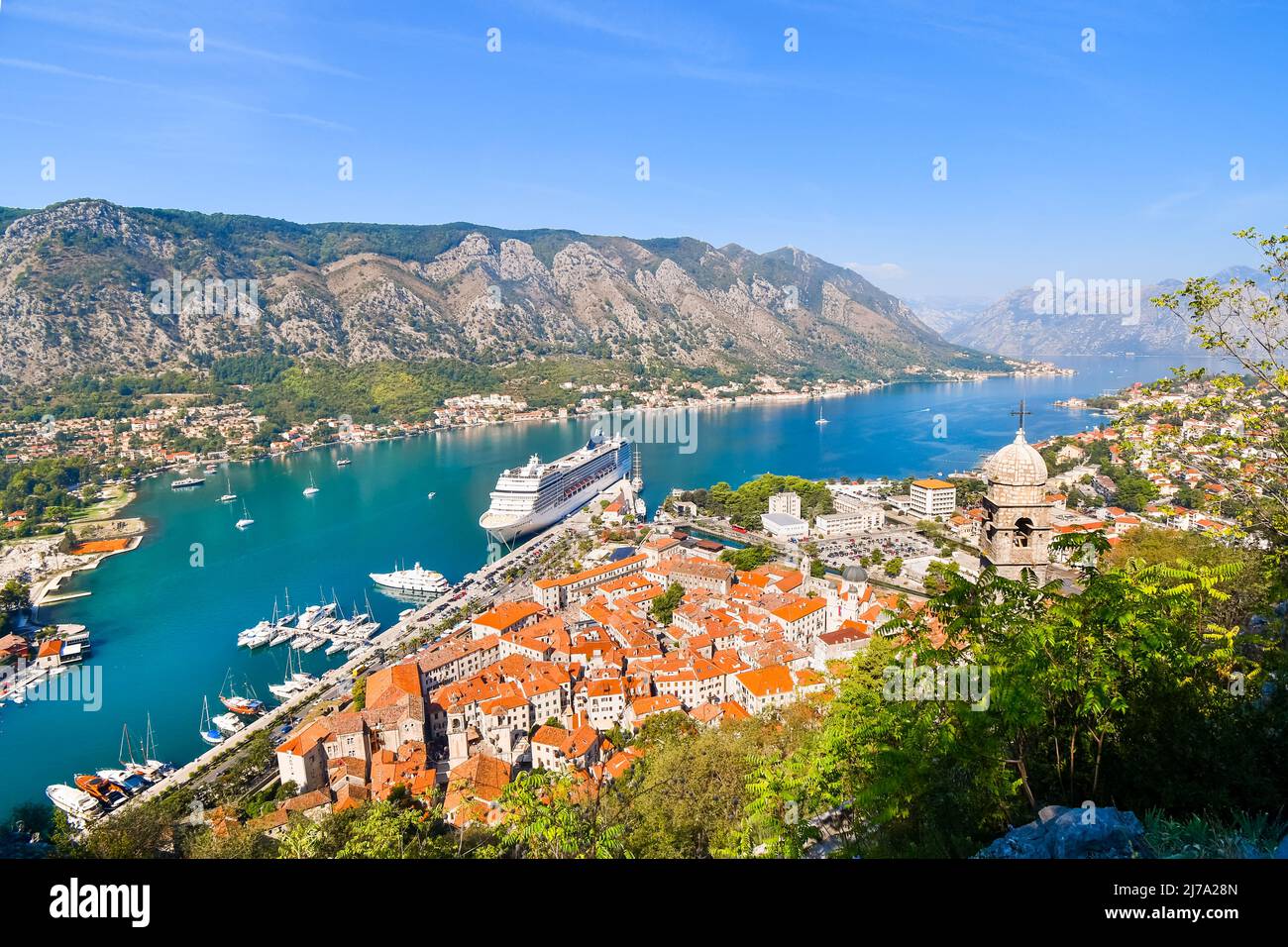 A panoramic view of the Bay of Kotor, cruise port, mountains and the ...