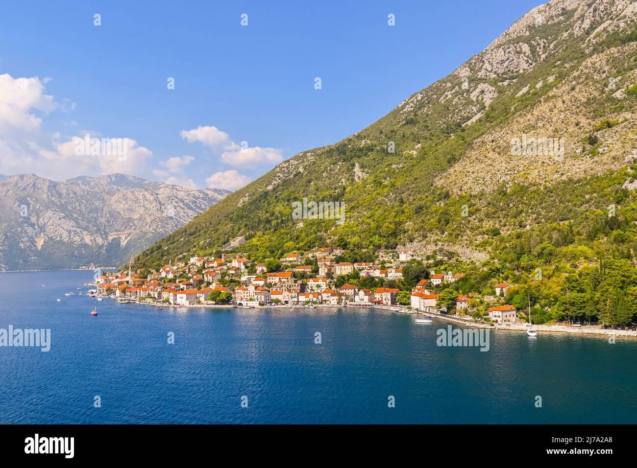 View of the the medieval village of Perast, including the St. Nikola ...