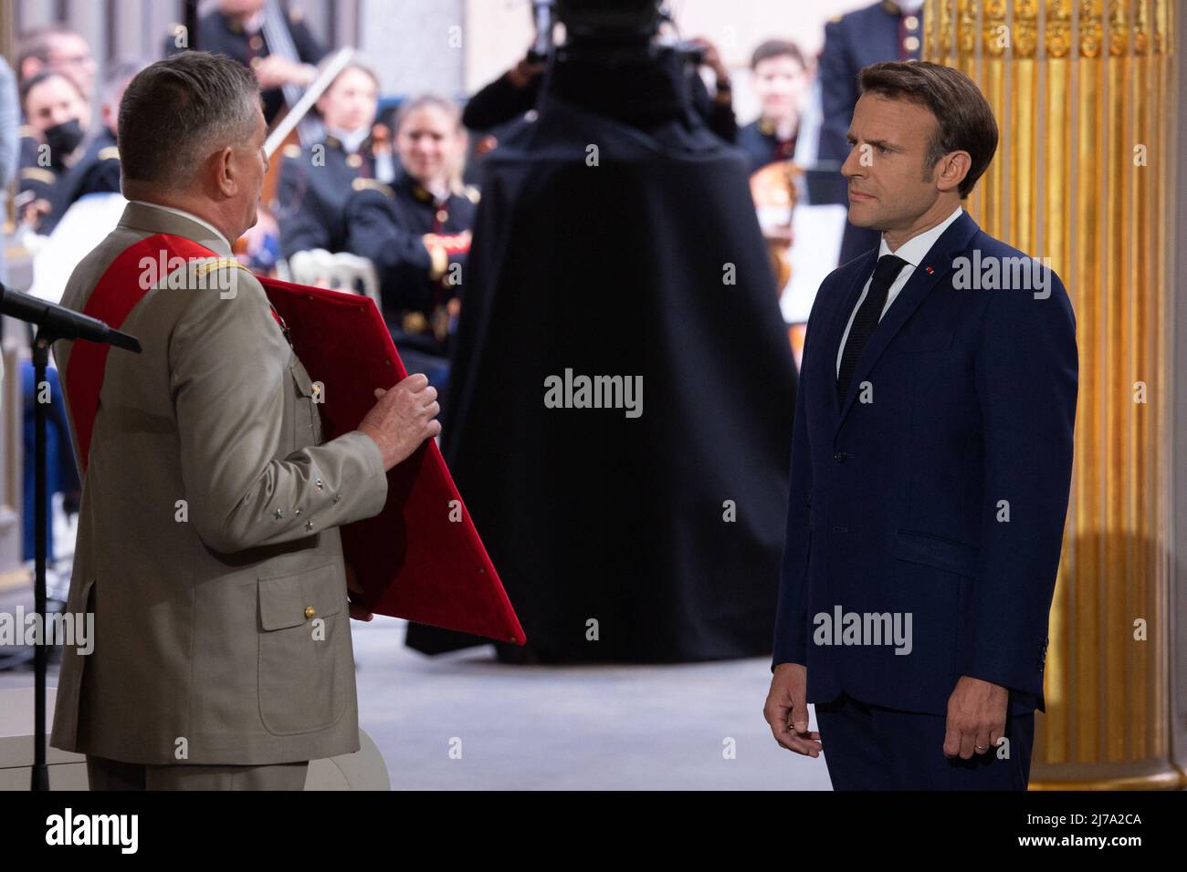 Paris, France. 07th May, 2022. Emmanuel Macron is presented the great ...
