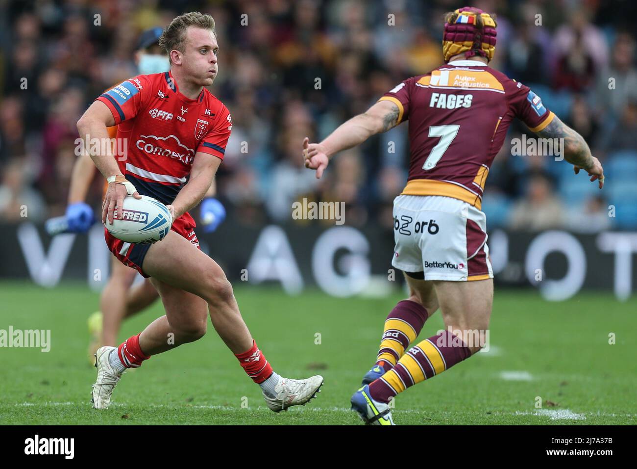 Jez Litten #14 of Hull KR looks to pass the ball in , on 5/7/2022 ...