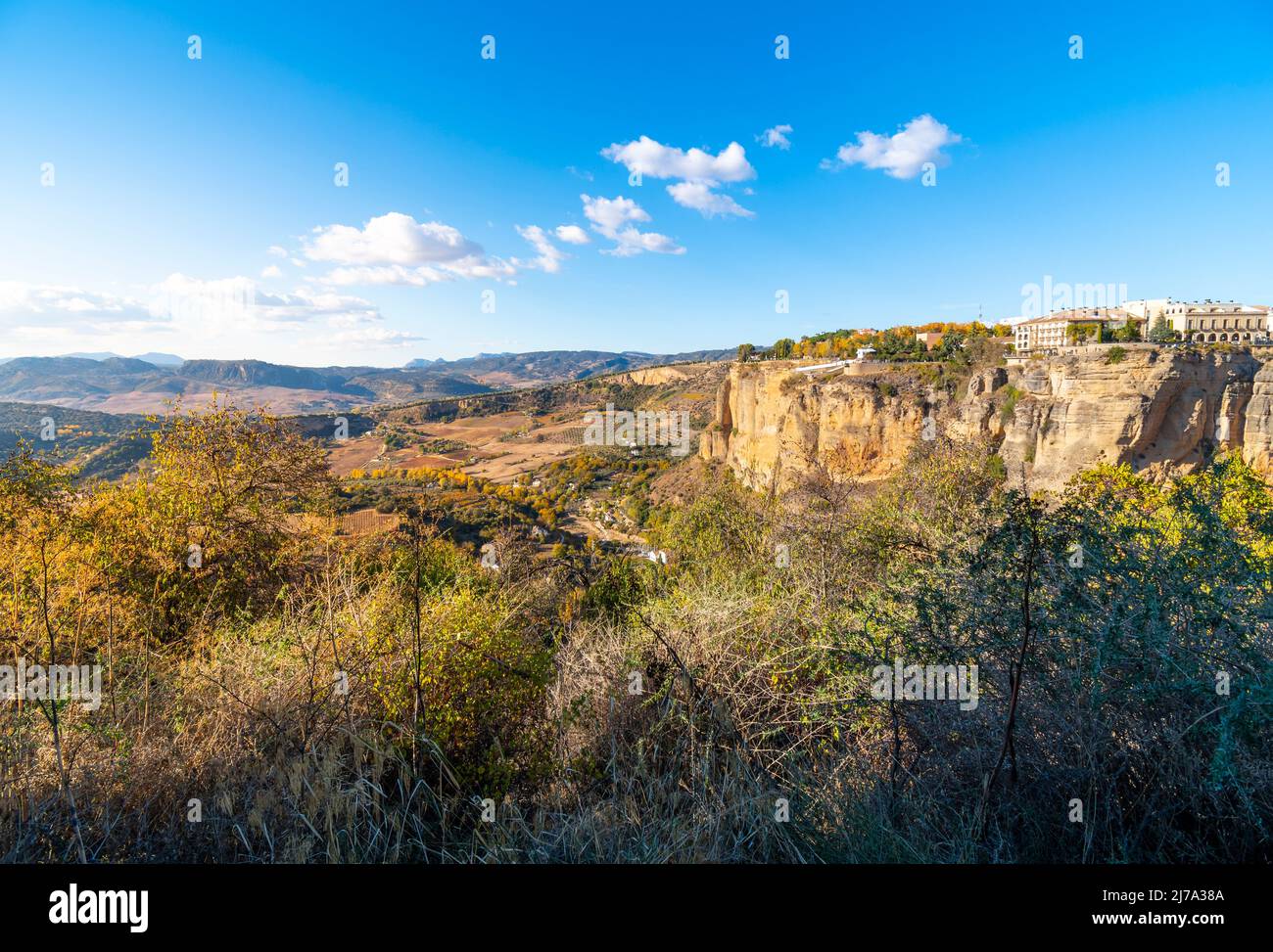 The high cliffs, town and lookout point alongside the bridge in the ...