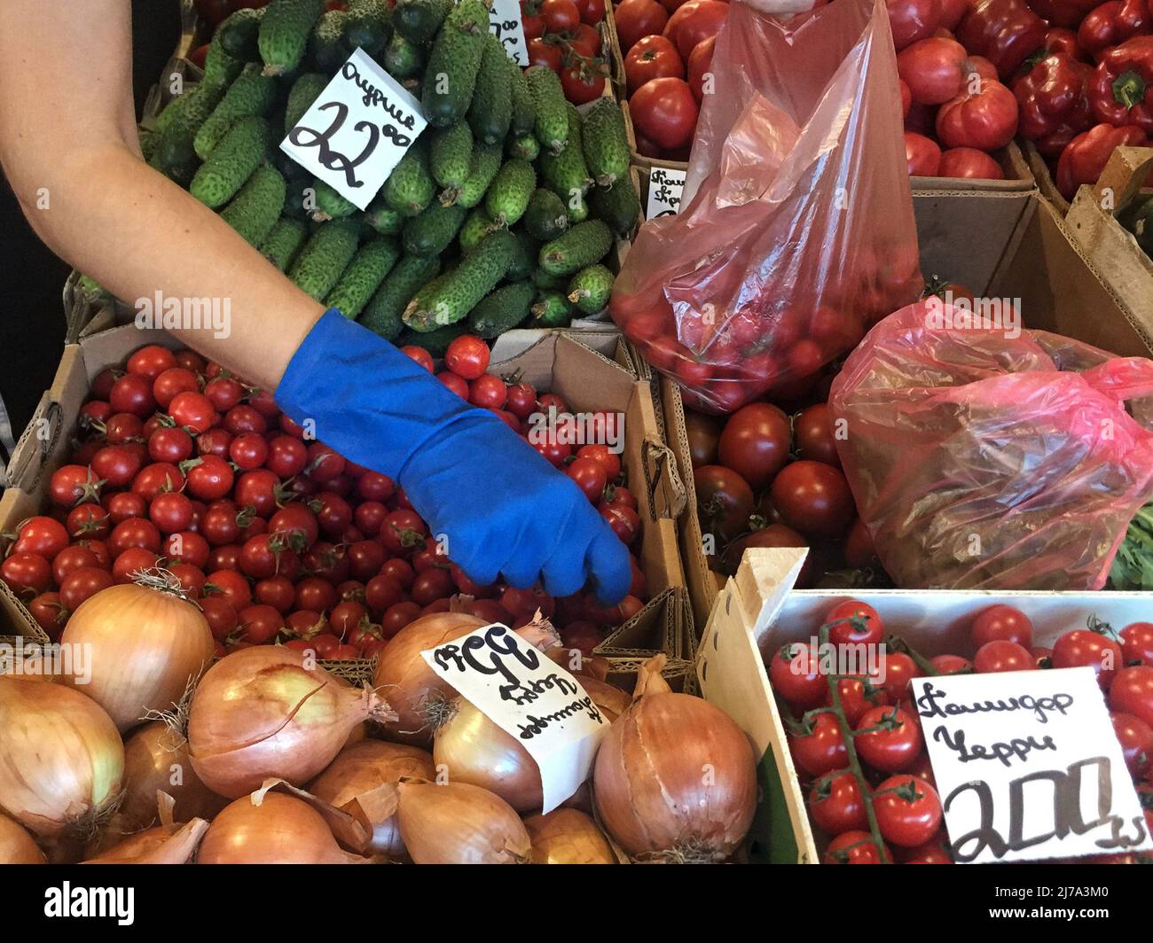 Hand picking tomatoes in a grocery store in Kiev, Ukraine Stock Photo ...