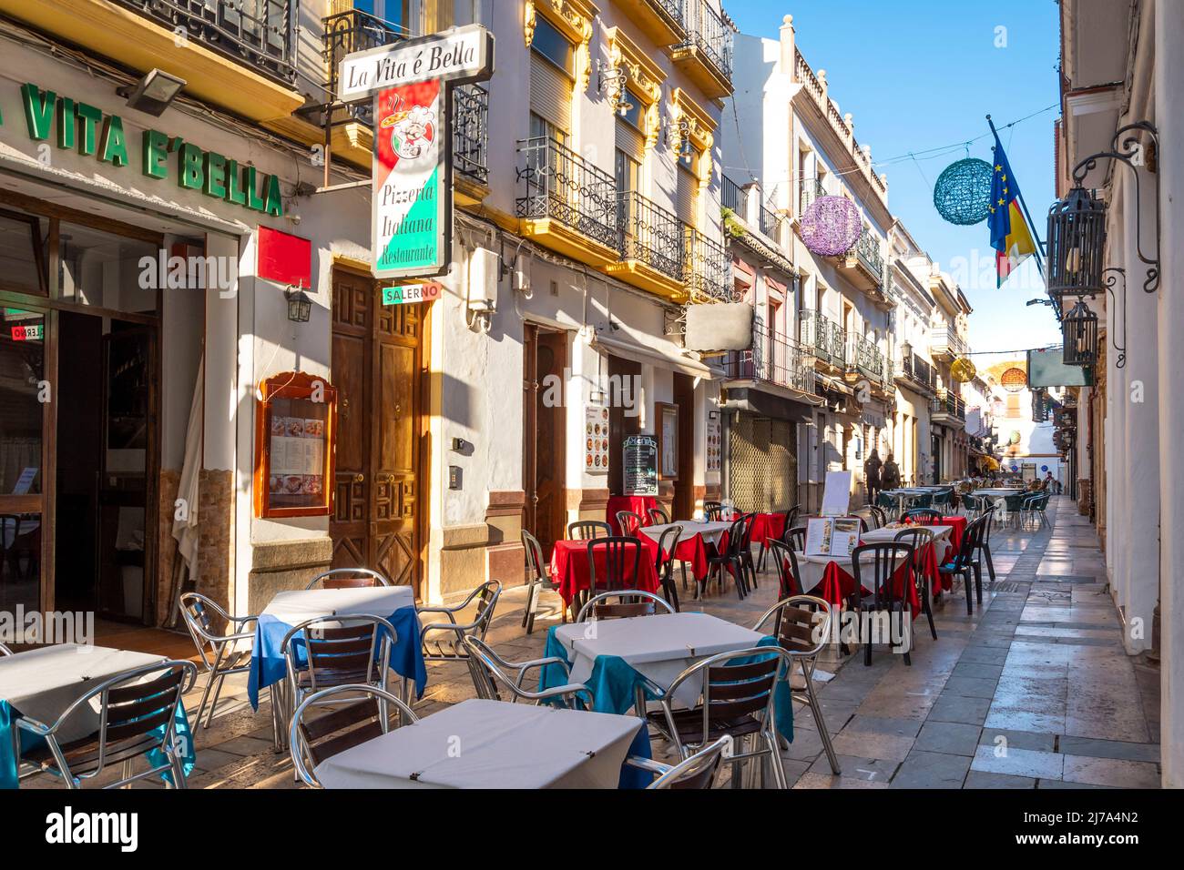 Sidewalk cafes in the historic center Old Town of Ronda, Spain Stock ...
