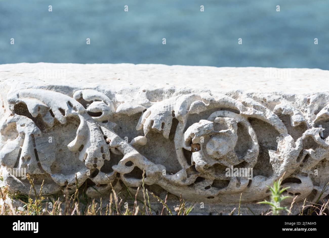 Carvings on the stonework of ancient Knidos/Cnidos in Turkey Stock ...