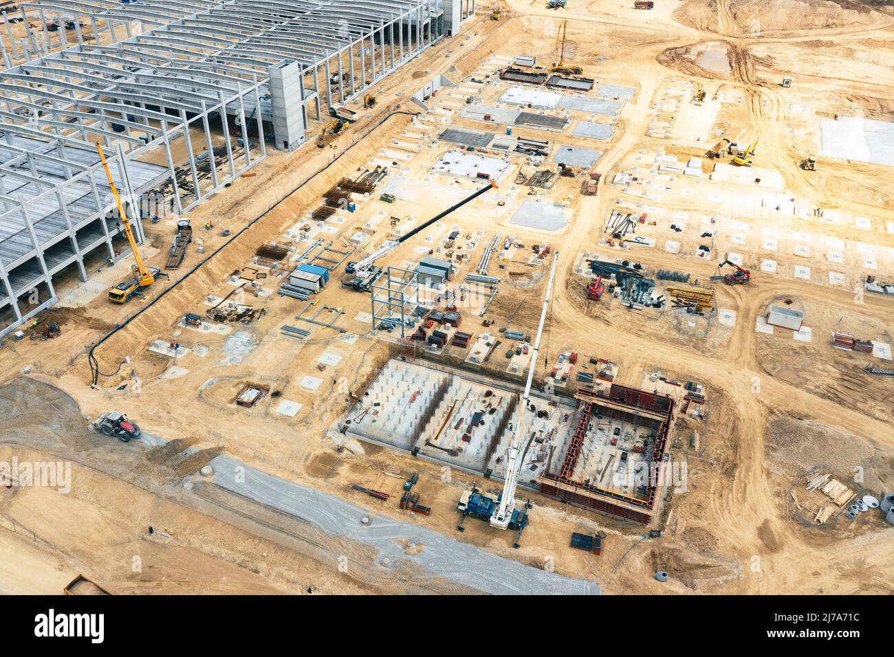 Factory Building. Aerial Industrial Construction Site with Crane and ...