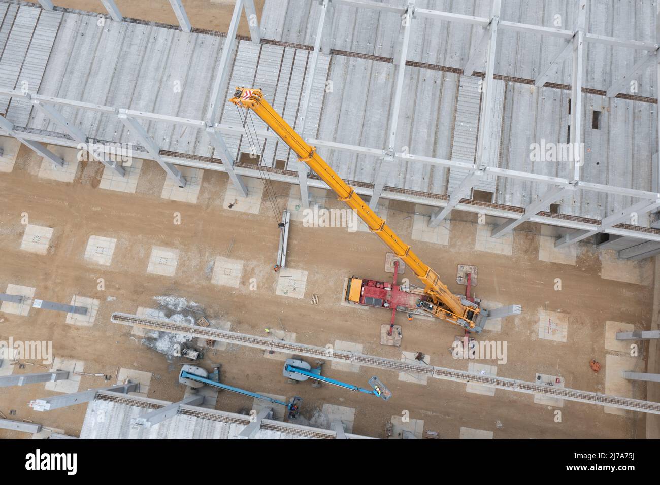 Factory Building. Aerial Industrial Construction Site with Crane and ...