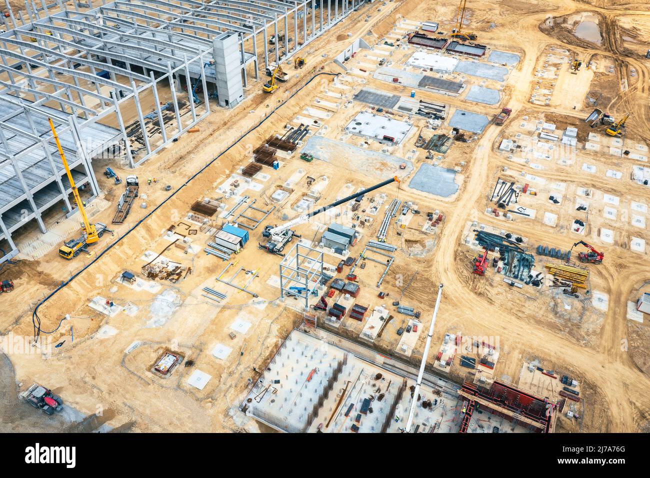 Factory Building. Aerial Industrial Construction Site with Crane and ...