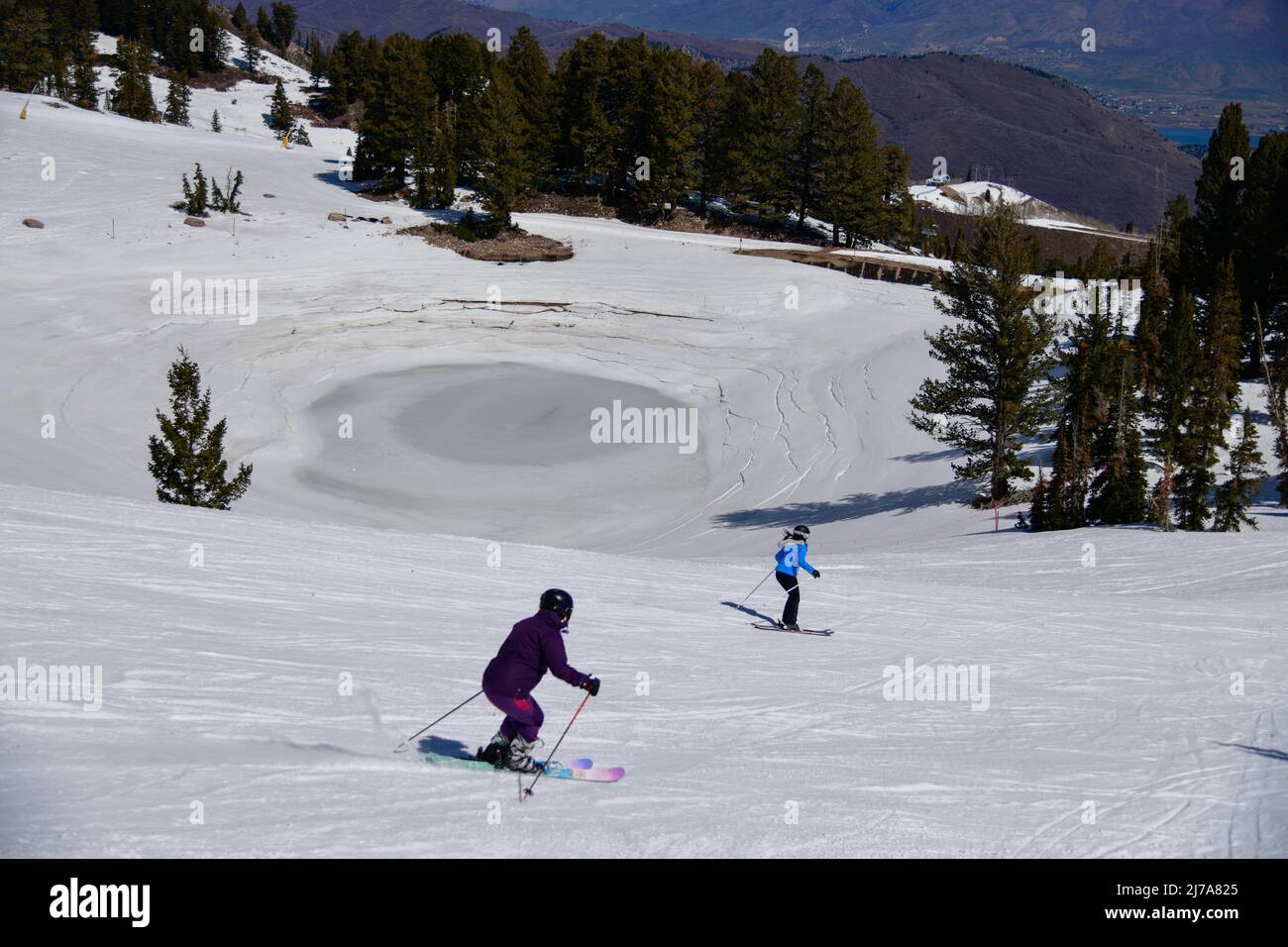 Skiing downhill on a beautiful sunny day at Snowbasin Ski Resort, Utah ...