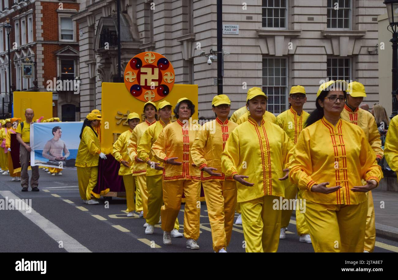 London, UK. 7th May 2022. Practitioners in Whitehall. Falun Dafa (also ...