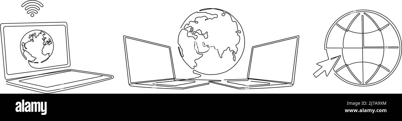 World with connected computers. One line laptop with worldwide intertet ...