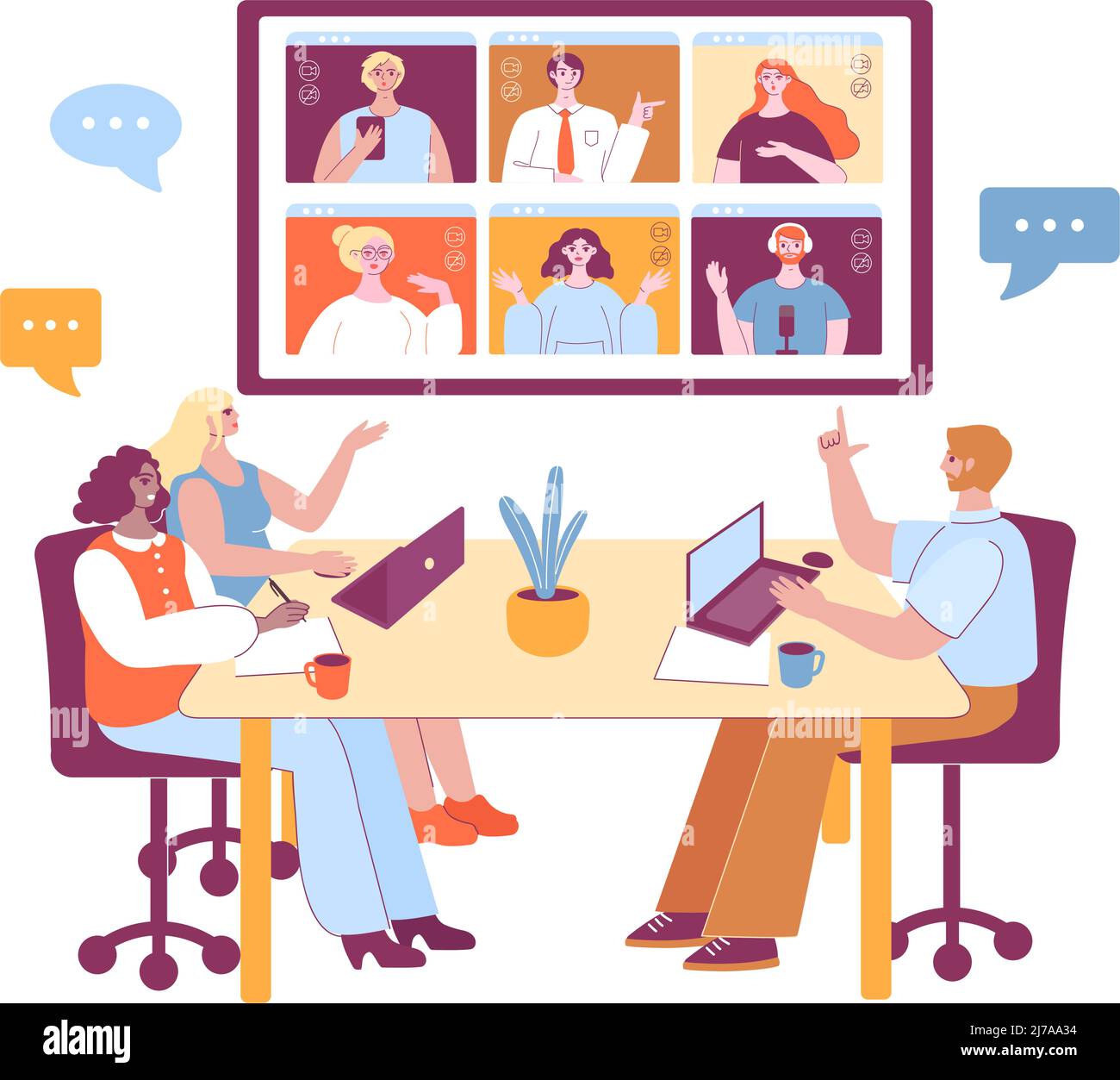 Office and remote teams meeting. Foreign business partners online ...