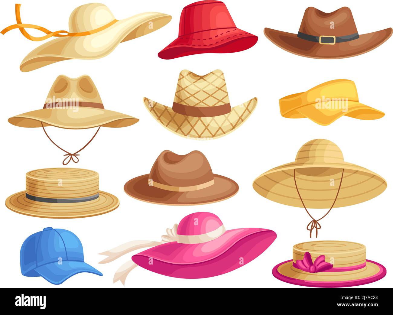 Summer hats. Stylish headgears for male and female, cowboy hat and ...