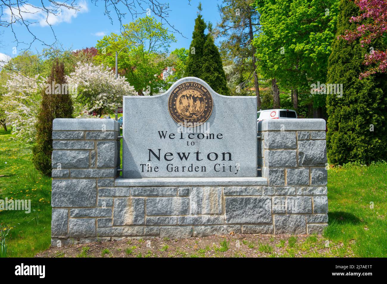 Welcome to Newton sign in spring on Commonwealth Avenue in Chestnut ...