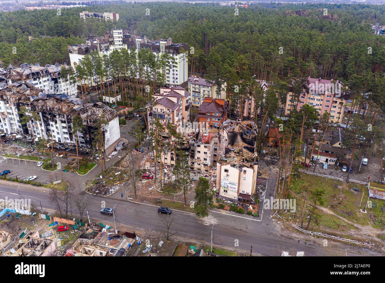 The aerial view of the destroyed and burnt buildings. The buildings ...