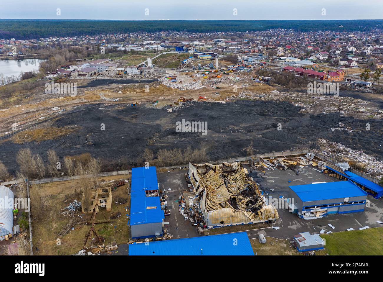 The aerial view of the destroyed and burnt buildings. The buildings ...