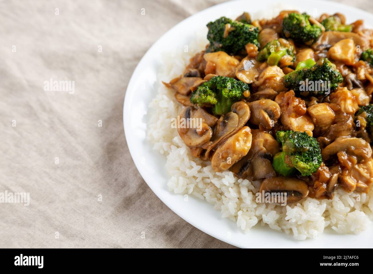 Homemade Chicken Veggie Stir Fry with White Rice, side view. Copy space ...