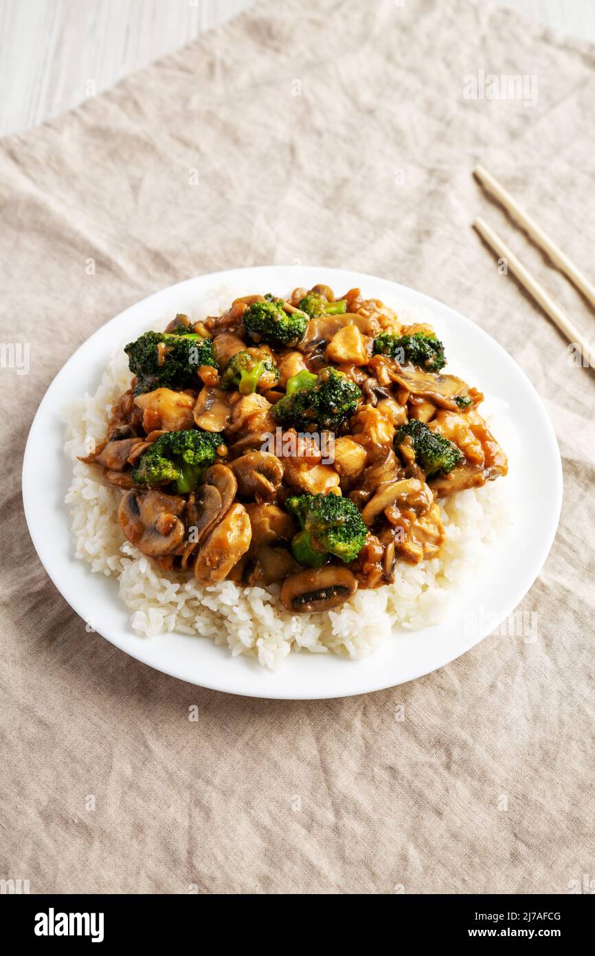 Homemade Chicken Veggie Stir Fry with White Rice, side view Stock Photo ...