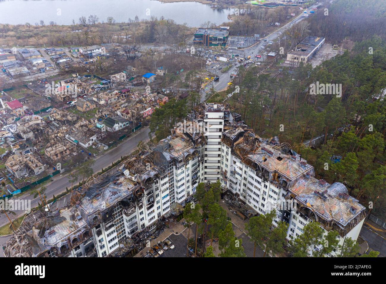 The aerial view of the destroyed and burnt buildings. The buildings ...