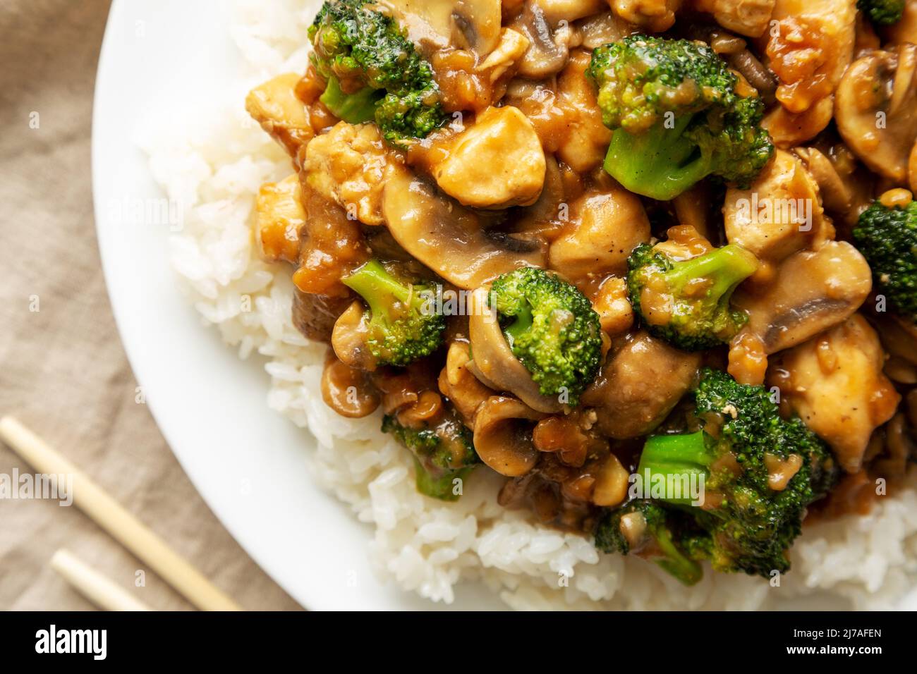 Homemade Chicken Veggie Stir Fry with White Rice, top view. Flat lay ...