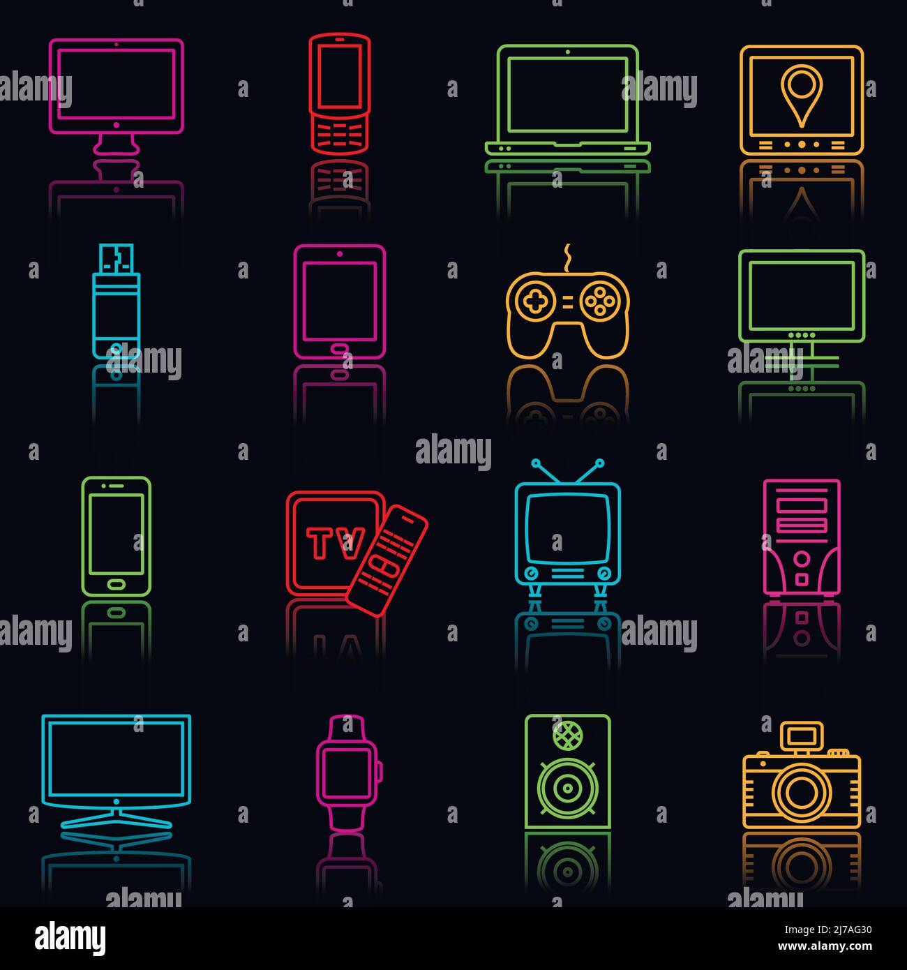 Set of digital devices modern neon thin stroke colored icons on black ...