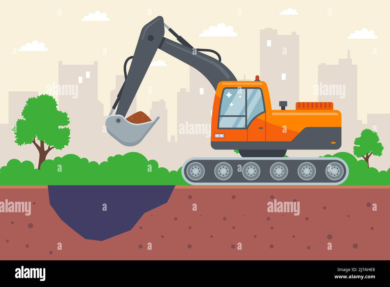 yellow excavator digs the ground at the construction site. flat vector ...