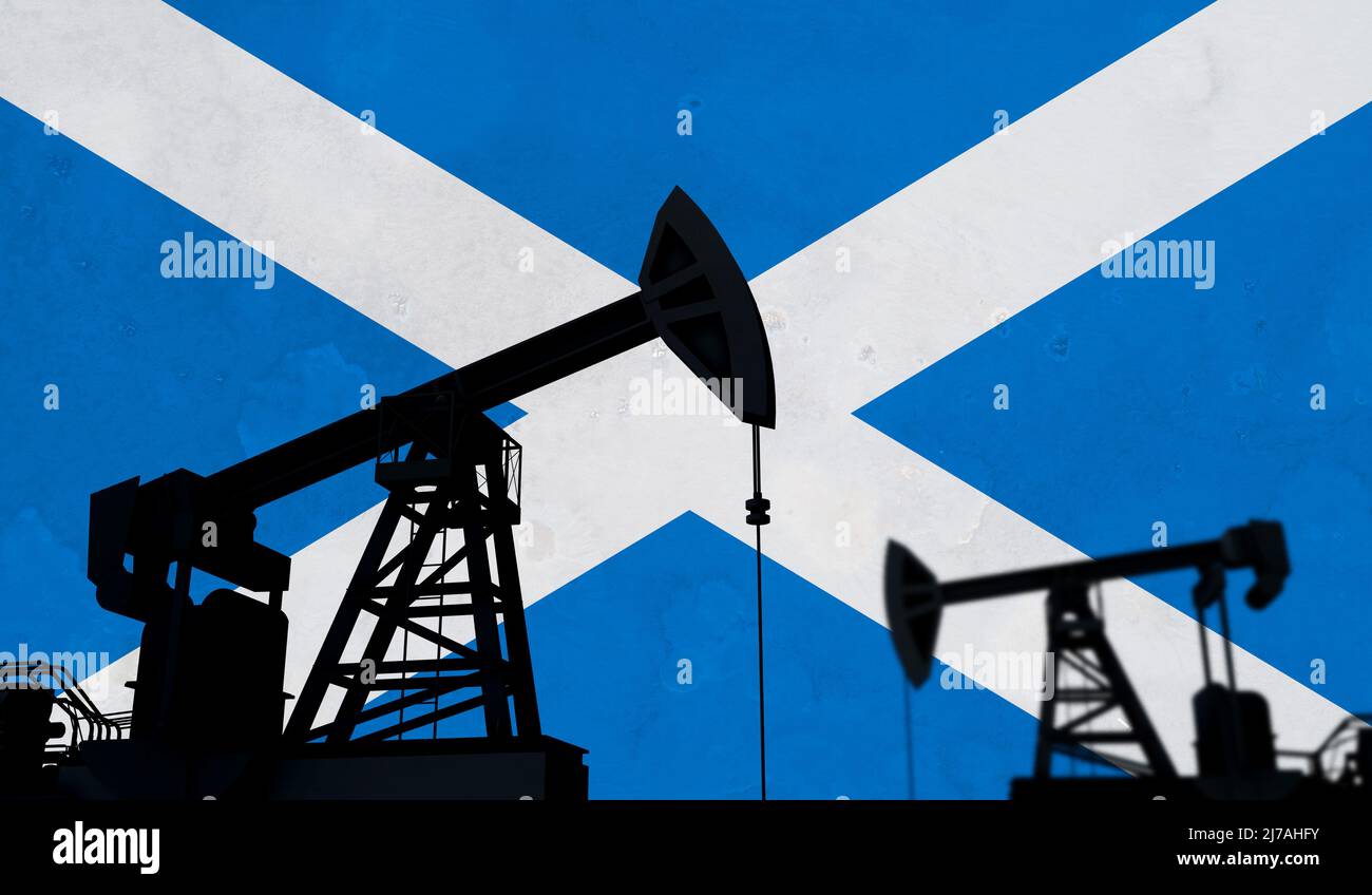 Oil and gas industry background. Oil pump silhouette against scotland ...