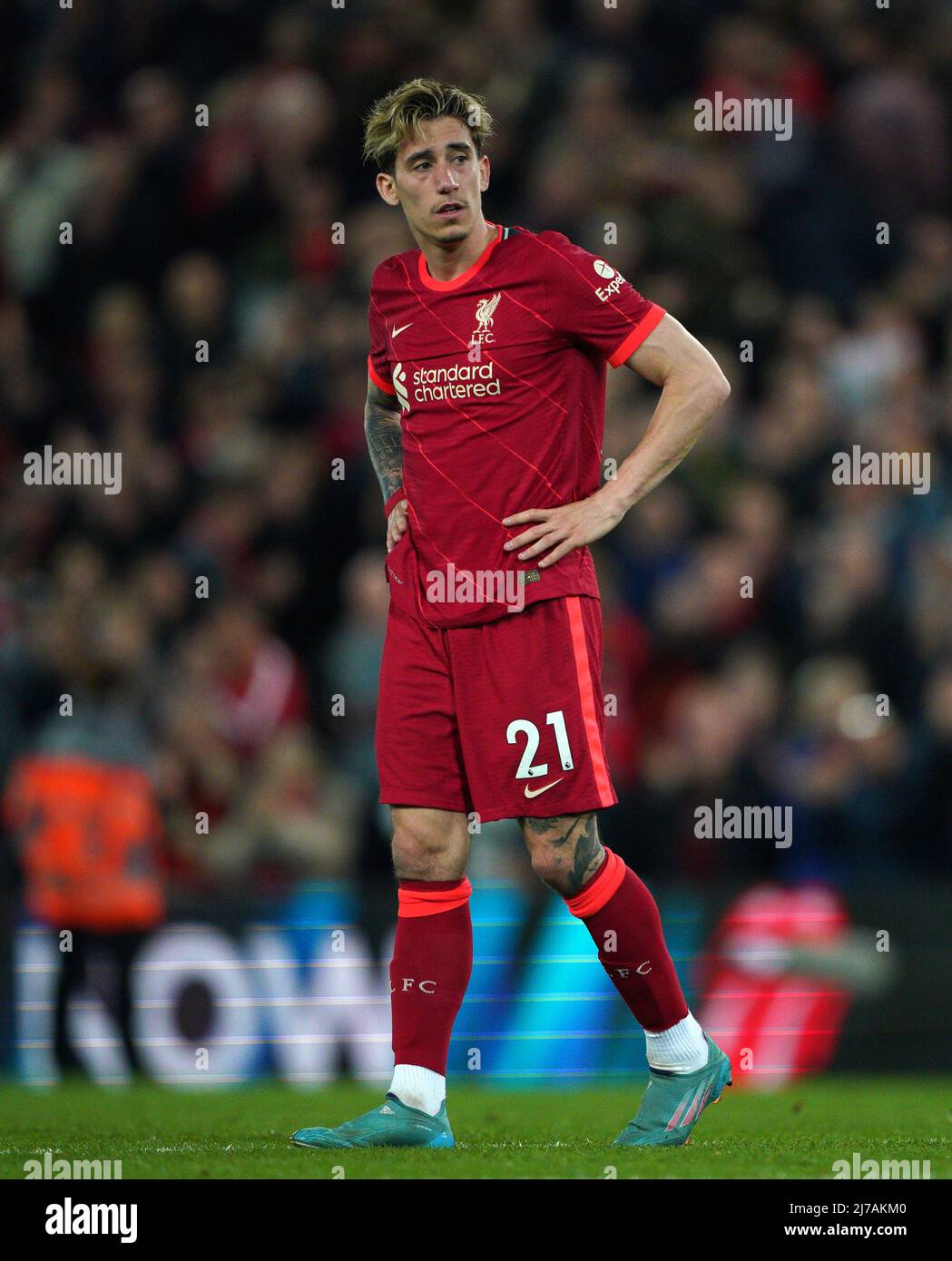 Liverpool's Kostas Tsimikas appears dejected after the Premier League ...