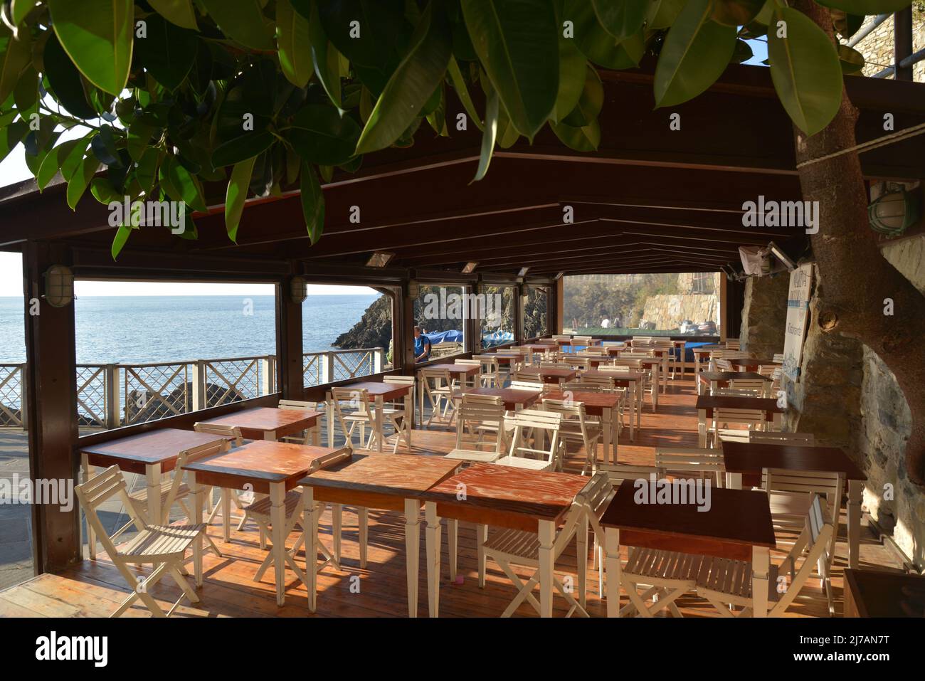 Restaurant terrace in Manarola one of the five villages of the five ...