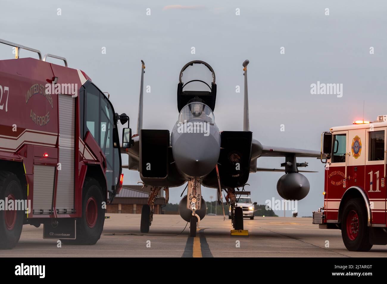 An F-15C Eagle from Nellis Air Force Base, Nevada, stands on the flight ...