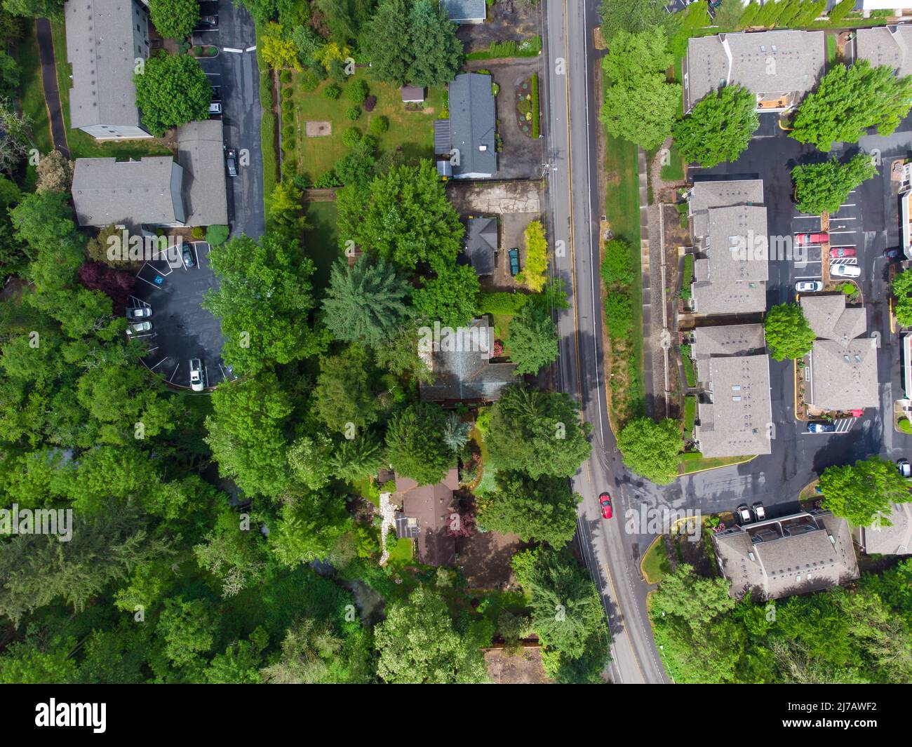 Shooting from a drone. Suburb, small town. A lot of greenery - lawns ...