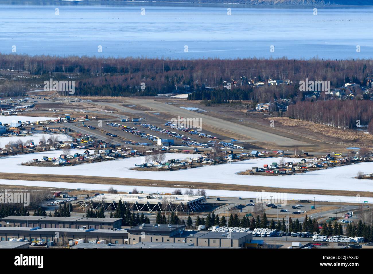 Lake Hood Seaplane Base and gravel strip aerial view. Busiest seaplane ...