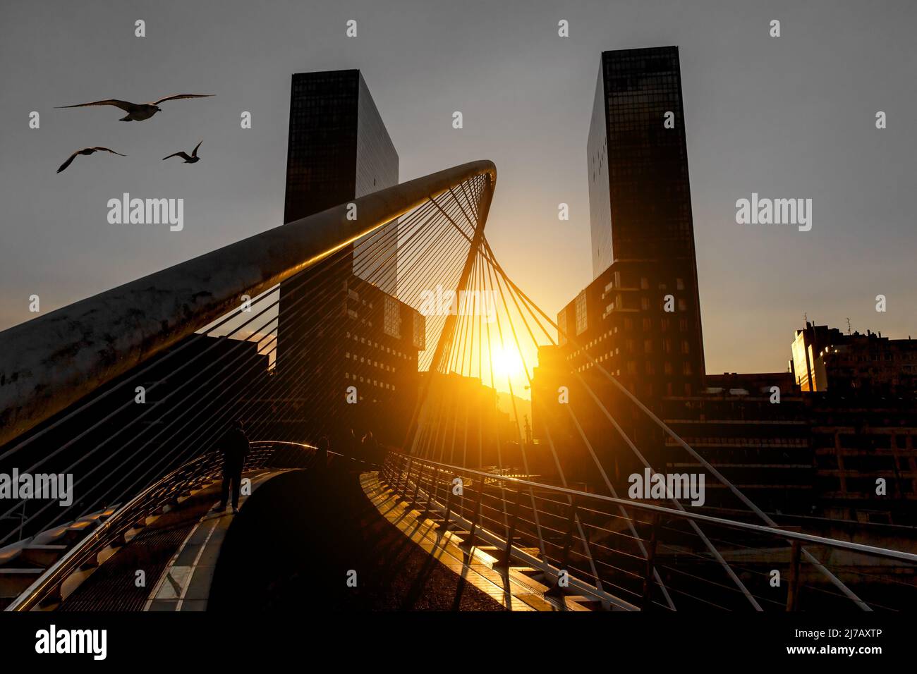 Zubizuri Bridge and Isozaki Towers at sunset, Bilbao, Spain Stock Photo ...