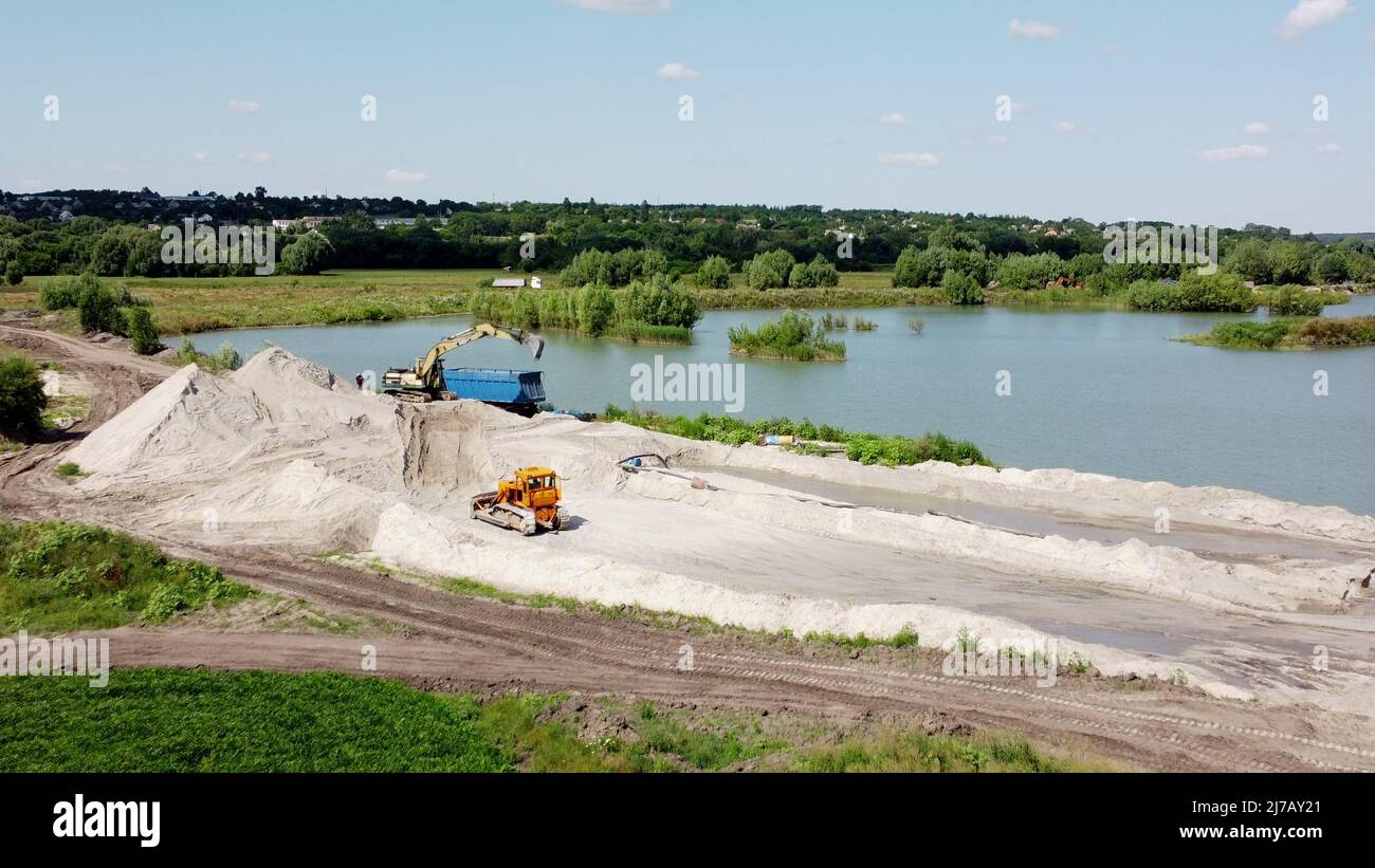 Aerial drone view flight over sand mining. Sand quarry. Top view Stock ...
