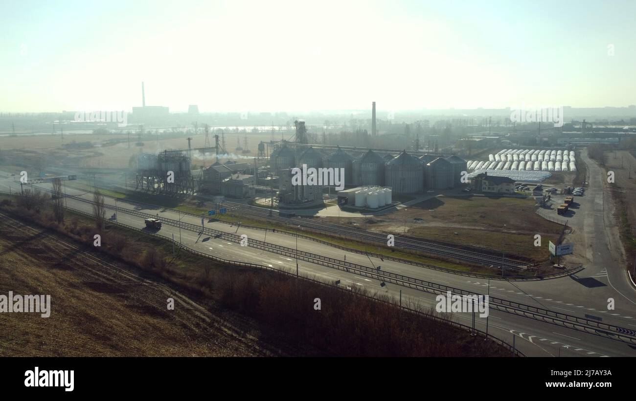Landscape Grain Elevator. Aerial Drone View. Flight View Over Metal ... Landscape Grain Elevator. Aerial Drone View. Flight View Over Metal ...