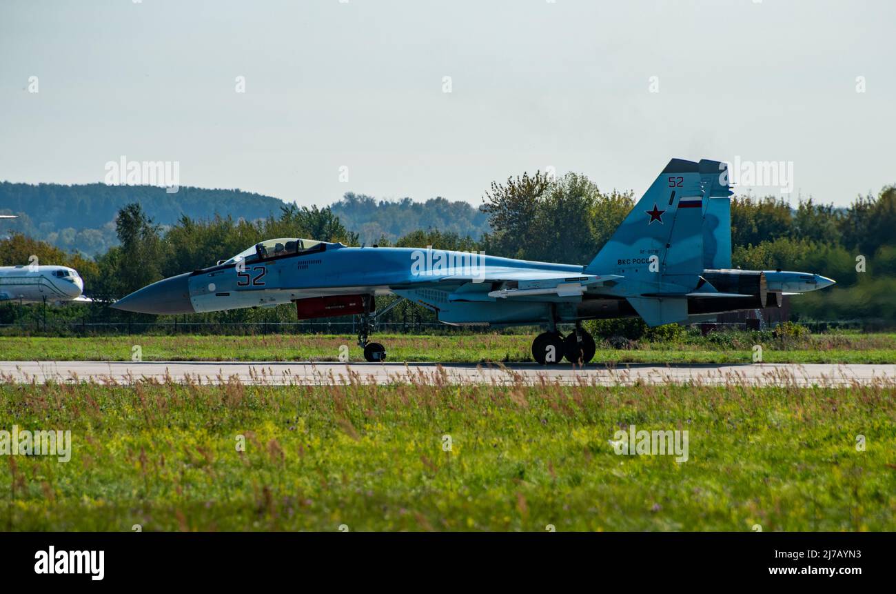 August 30, 2019, Zhukovsky, Russia. Russian multi-role fighter Sukhoi Su-35 on the runway of the ...