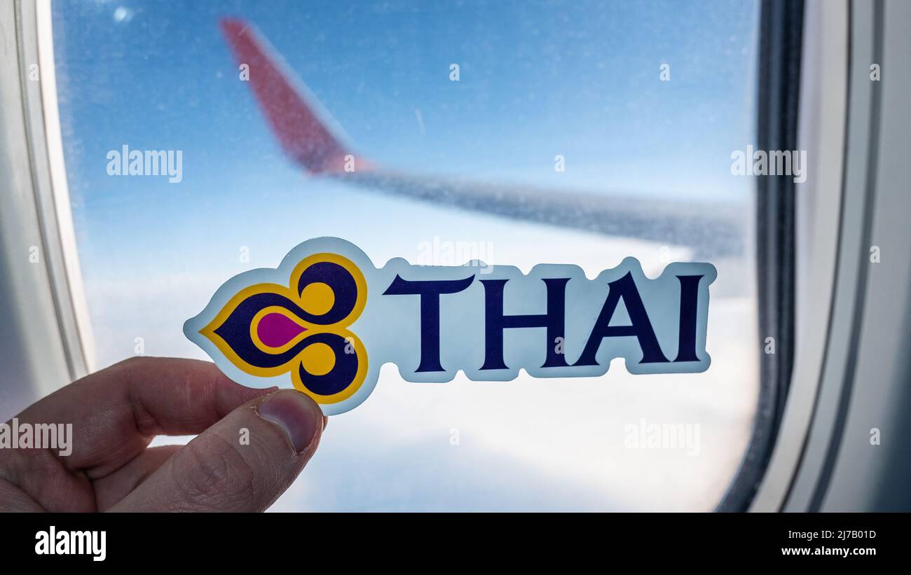 December 6, 2021, Bangkok, Thailand. The emblem of the airline Thai ...
