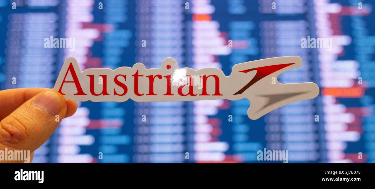 December 11, 2021, Vienna, Austria. The emblem of Austrian Airlines ...