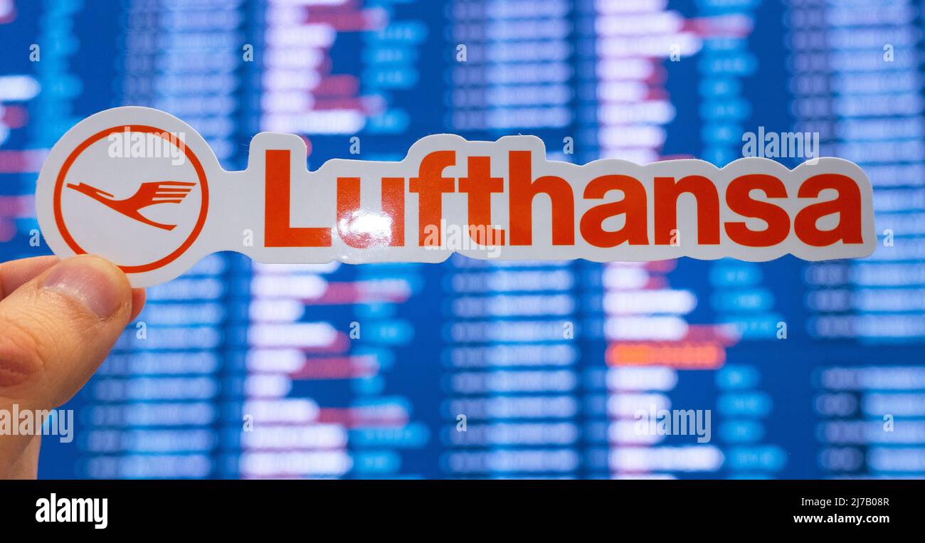 December 11, 2021, Munich, Germany. The emblem of Lufthansa against the ...