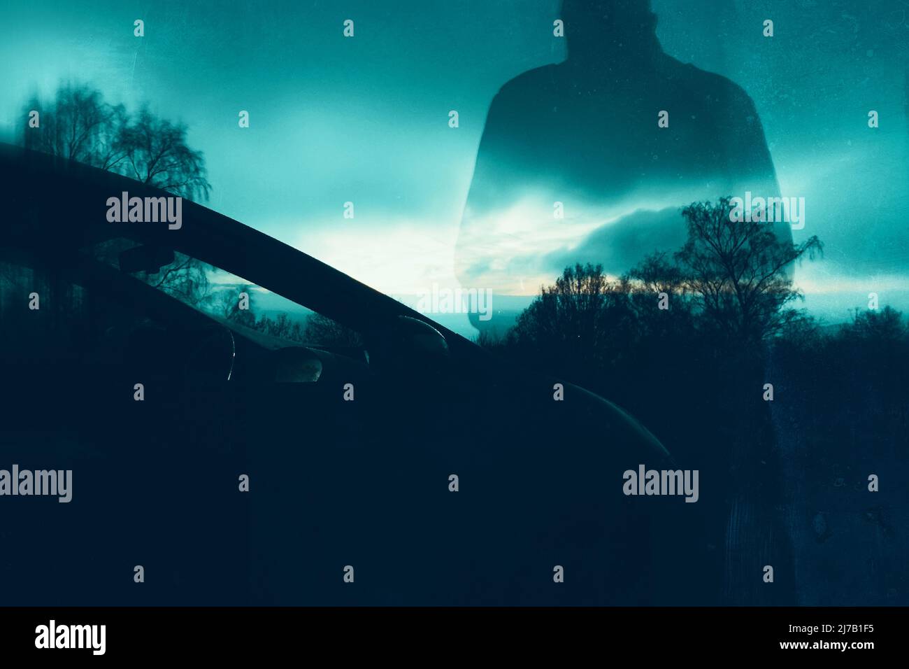 A missing person, ghost concept. Of a transparent man standing next to ...